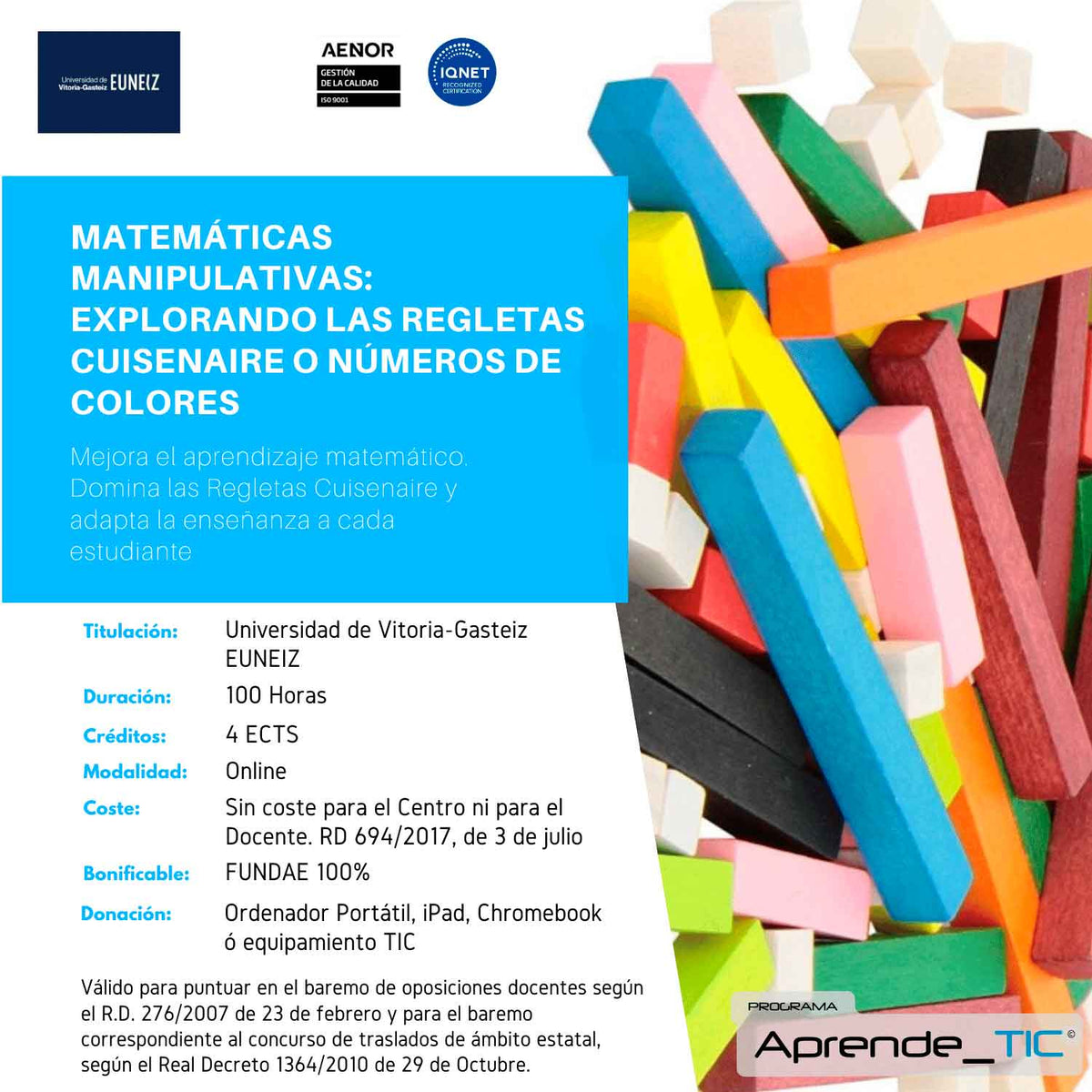 CURSO MATEMÁTICAS MANIPULATIVAS: EXPLORANDO LAS REGLETAS CUISENAIRE O NÚMERO DE COLORES ...